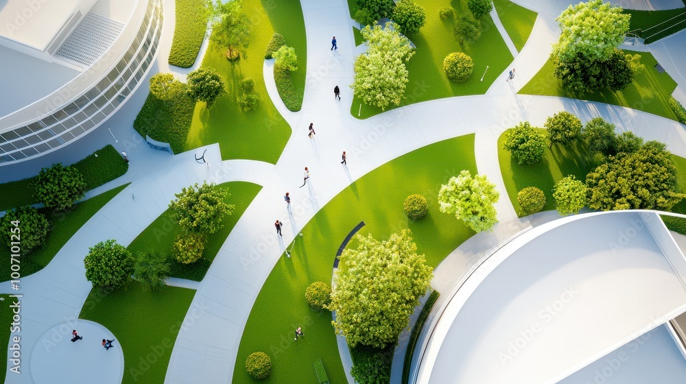 Aerial view of a university campus with green spaces, modern buildings ...