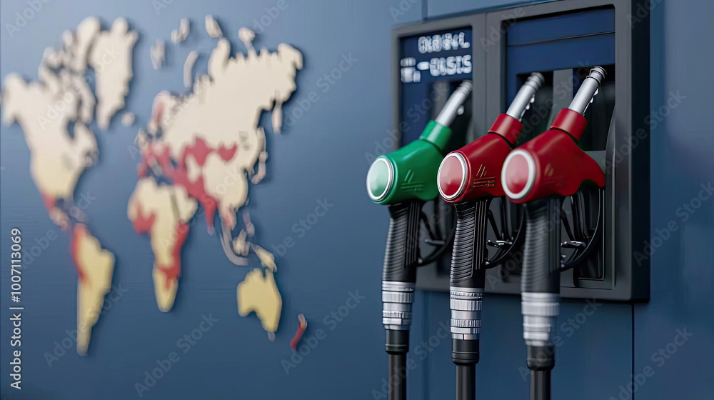Fuel nozzles in front of a world map, showcasing various types of fuel ...