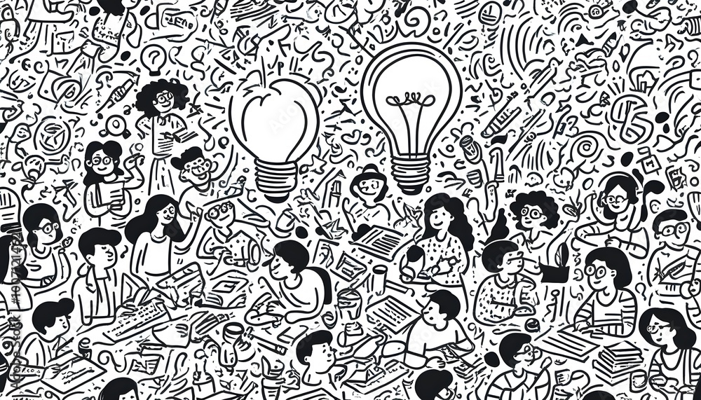 Creative Collaboration: Doodle of Team Huddled Around Cluttered Table ...