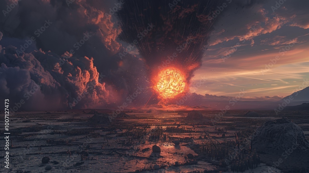 atomic bomb explosion in the distance, with a massive mushroom cloud ...