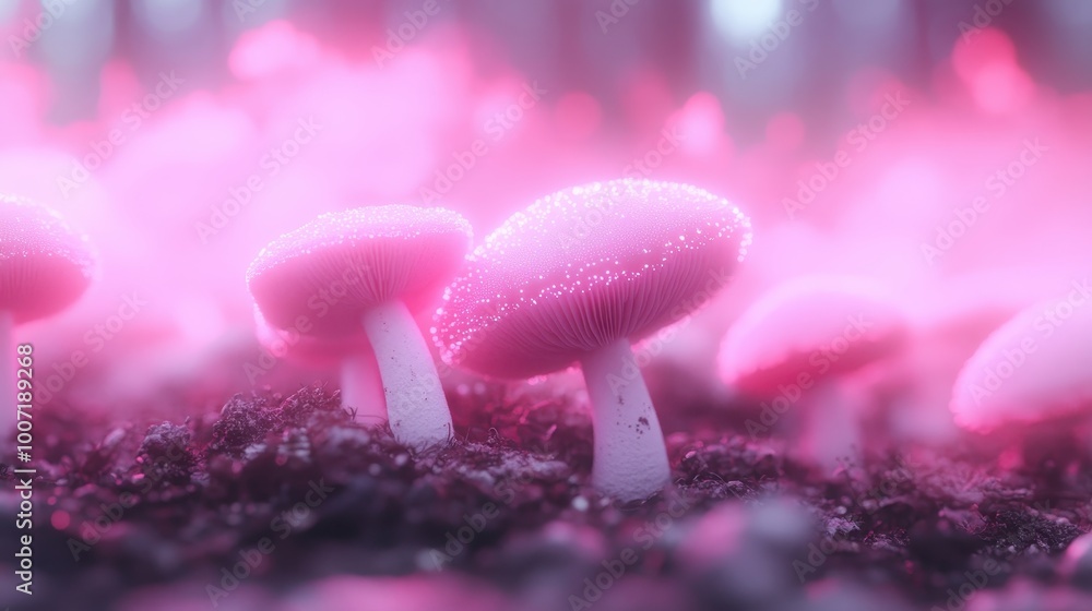 A collection of pink mushrooms emit a mysterious glow in a forest ...
