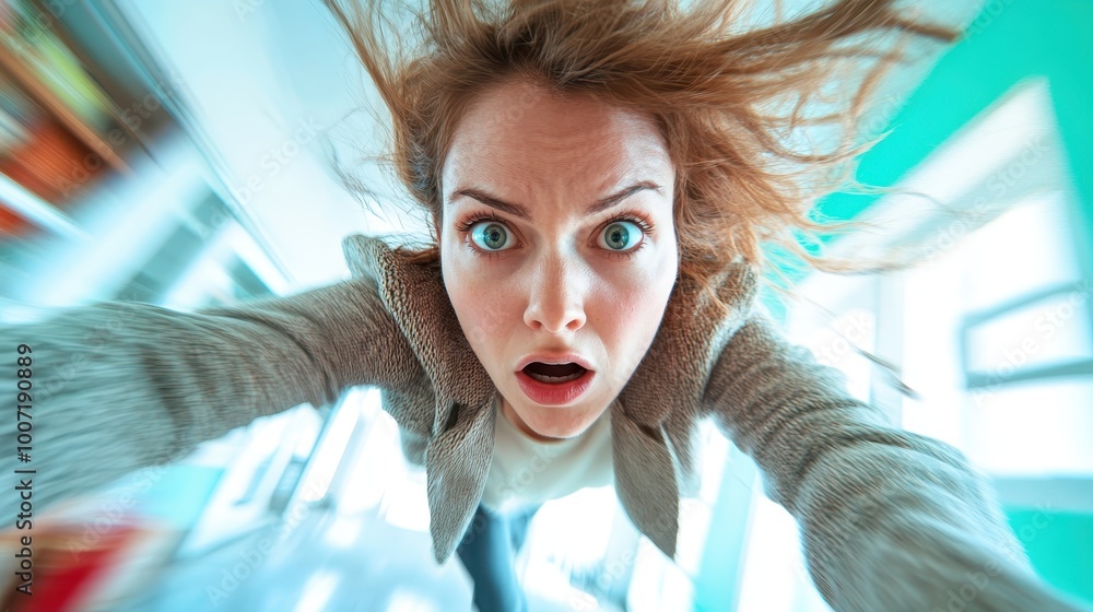 A surprised woman caught in a whirlwind of motion indoors, eyes wide ...