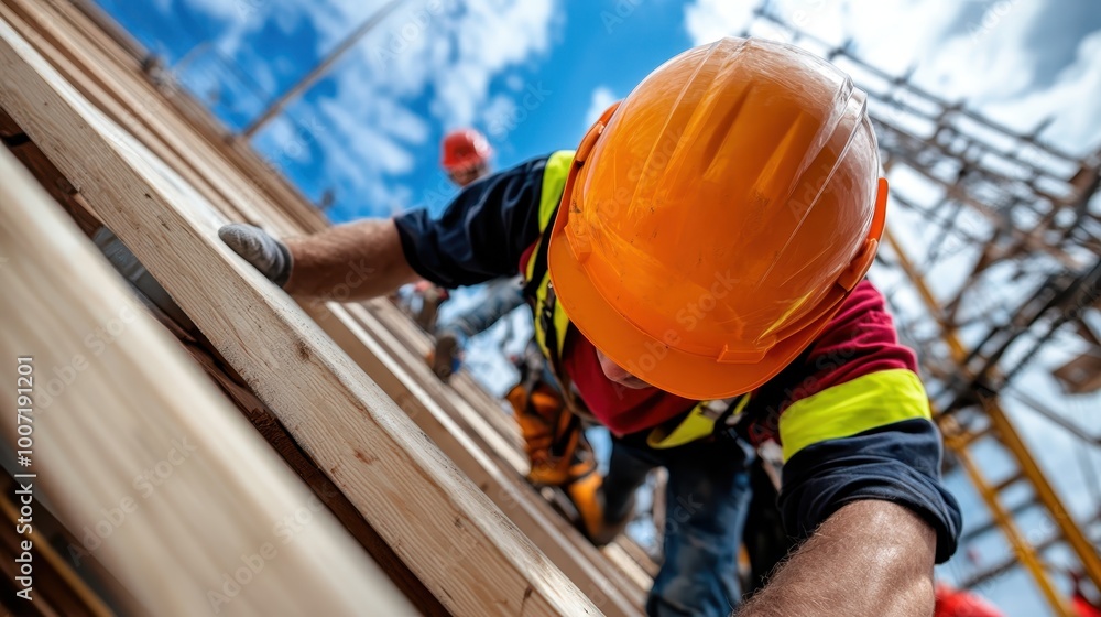 A construction worker in a safety helmet and gloves is climbing a ...