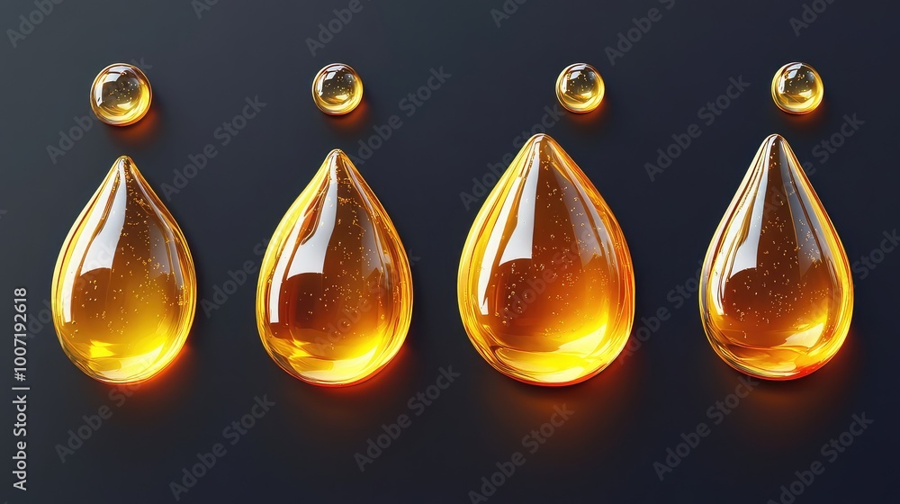 Modern Gold Honey and Yellow Argan Oil Droplets with Bubble Top Views ...