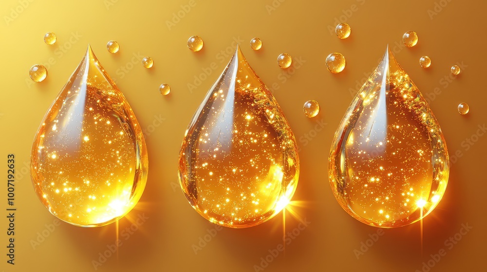Modern Gold Honey and Yellow Argan Oil Droplets with Bubble Top Views ...