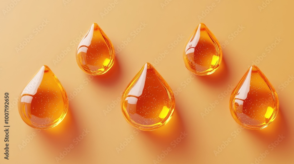 Modern Gold Honey and Yellow Argan Oil Droplets with Bubble Top Views ...