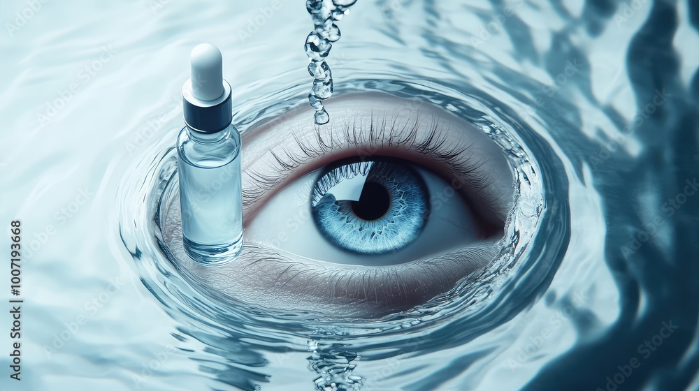 3D Illustration of Eye Drop Bottle Falling from Round Glass Disc in ...