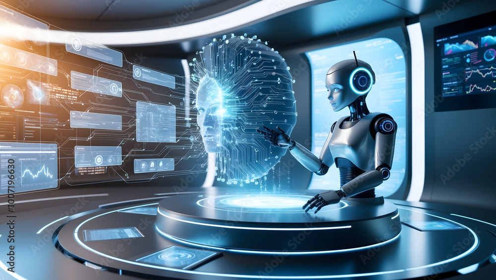 Futuristic AI in Action: A Robot Analyzing a Digital Human Interface in ...