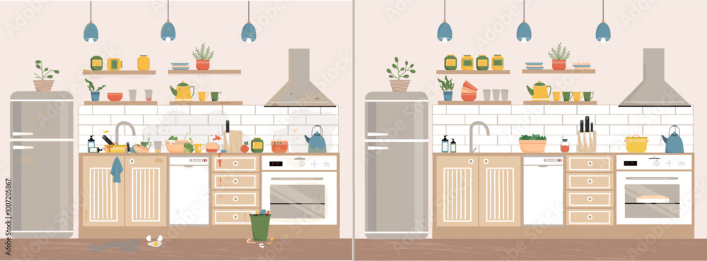 Clean and dearty kitchen. Kitchen before and after cleaning. Kitchen ...