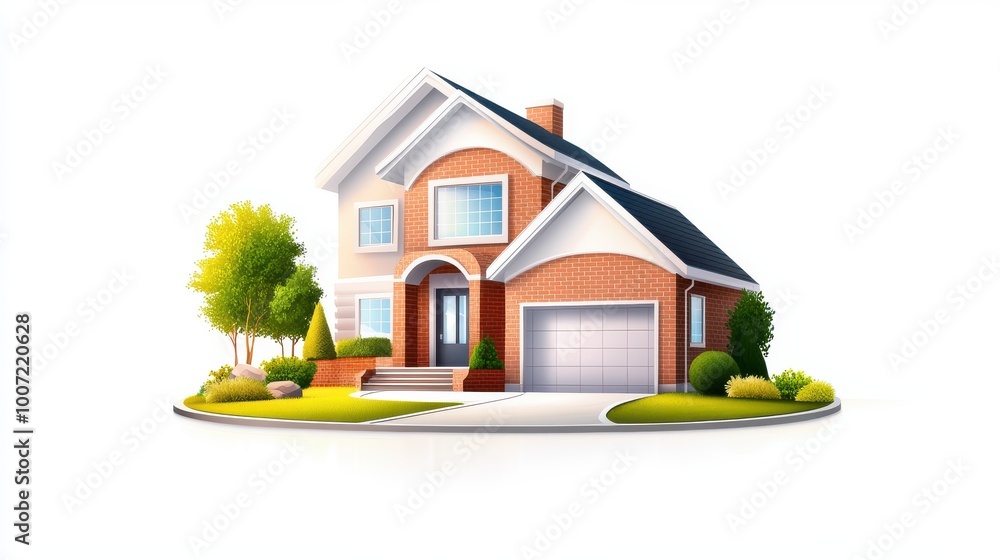 Traditional house clipart with a two-story design, brick exterior, and ...
