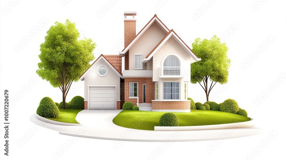 Traditional house clipart with a two-story design, brick exterior, and ...