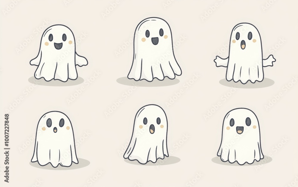 A set of cute cartoon ghosts in a simple line art style The ghosts are ...