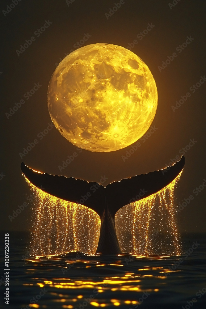 Whale's tail rising from the ocean in moonlight with full yellow moon ...