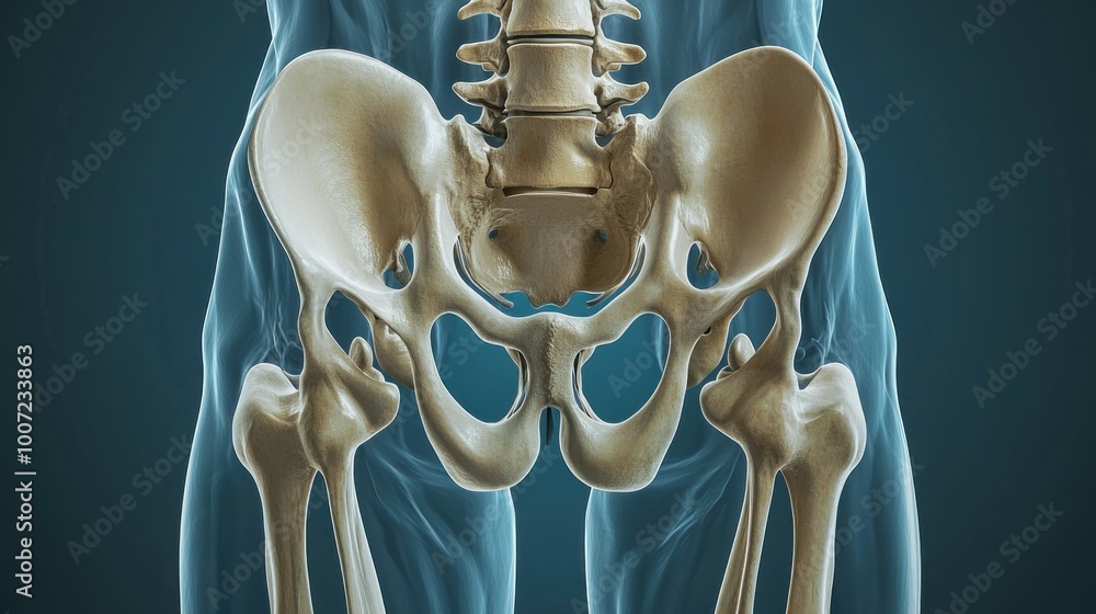 Detailed anatomical illustration of human hip bones against a blue ...