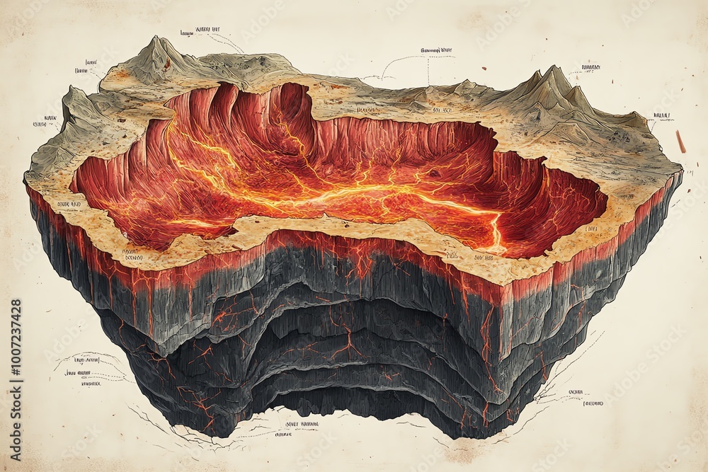 Cross-sectional illustration of a volcanic crater with exposed layers ...
