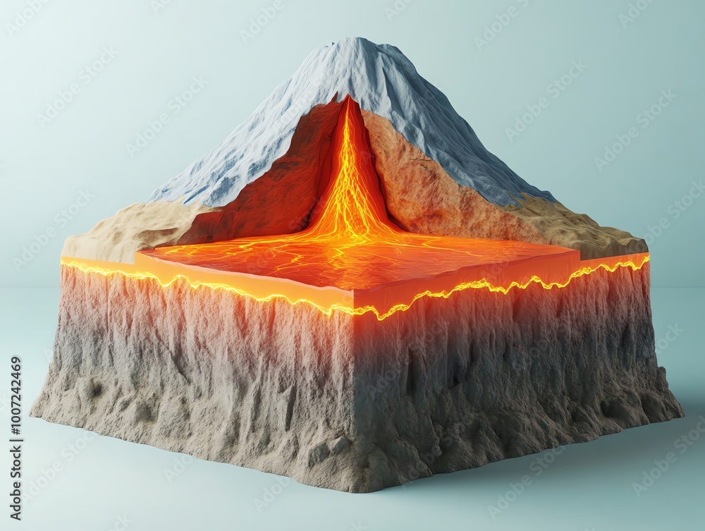3D cross-section model of a volcanic eruption with molten lava flow ...