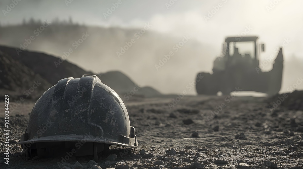 Construction Safety Helmet on Dusty Road with Bulldozer in Background ...