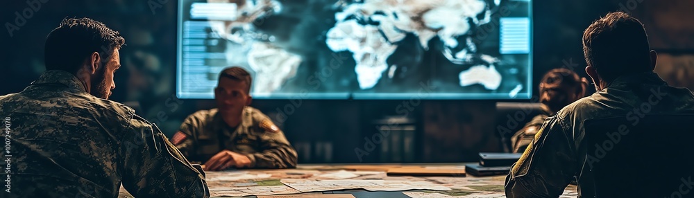 Team of military personnel strategizing in a command center with a ...