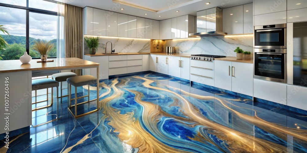 Modern Kitchen with Blue and Gold Epoxy Floor, White Cabinets, Interior ...