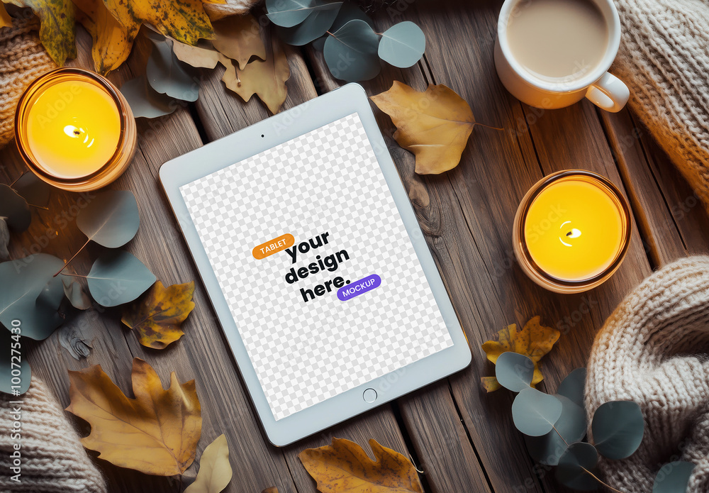 iPad Mockup with Autumn Elements and Candlelit Cozy Scene with ...