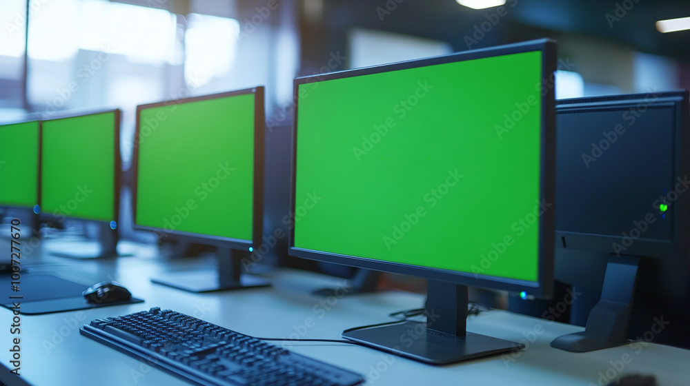 3d realistic render of computer monitors with green screen in office ...