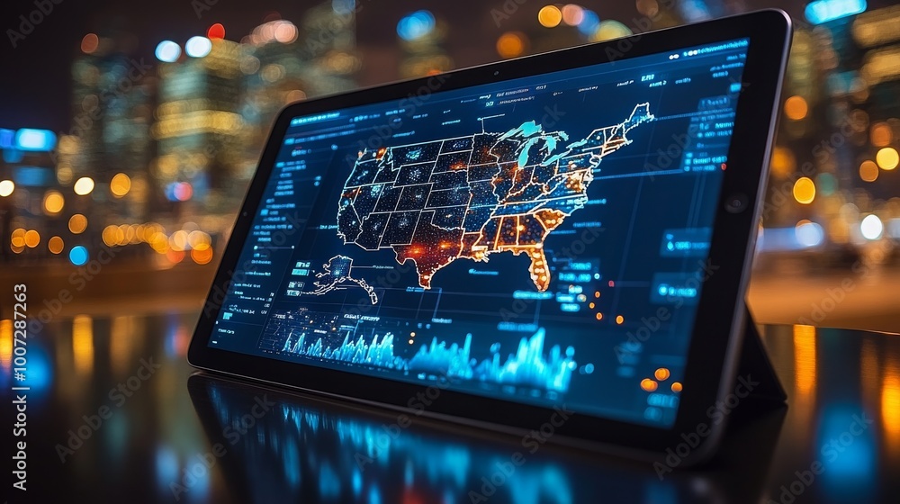 Tablet displaying a split screen of a data visualization and a map at ...