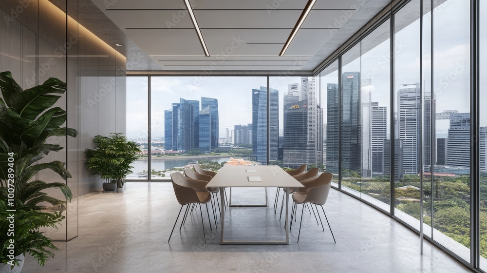 Corner view of glass meeting room interior with board and chairs ...