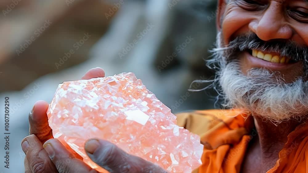 An Indian salt factory worker, wearing an orange outfit, smiles while ...
