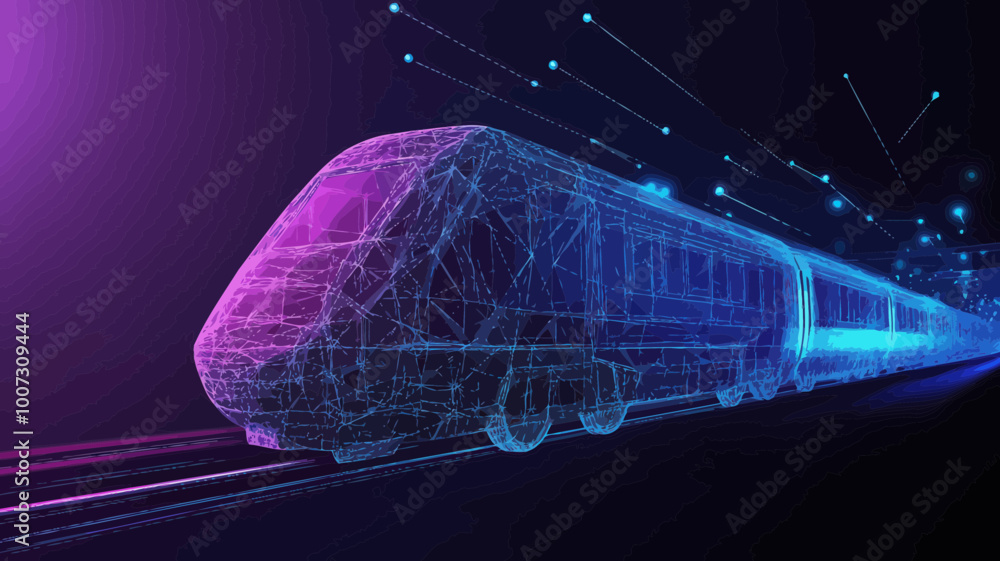 Futuristic Digital Low Poly Wireframe High-Speed Train Technology Transport Concept with Blue ...