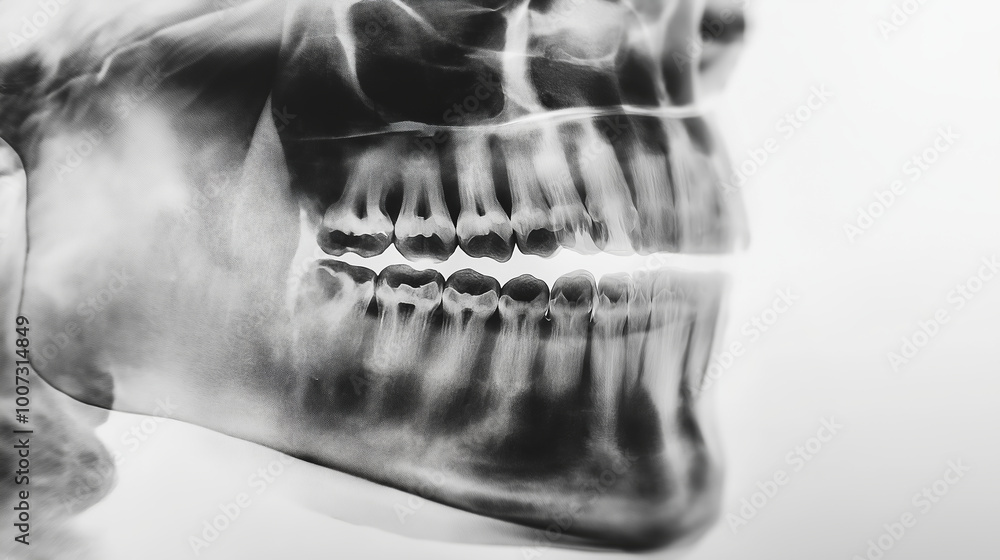 Panoramic dental X-ray image of human skull, teeth, jaw in lateral view ...