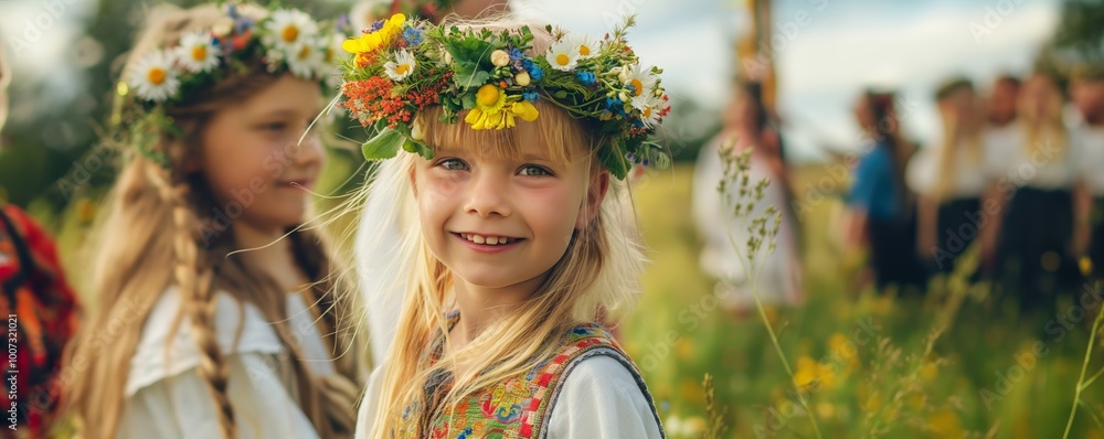 A young girl wearing a vibrant flower crown smiles during a traditional ...