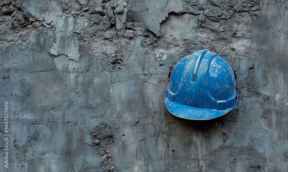 Blue construction helmet resting on a textured concrete wall, showing ...