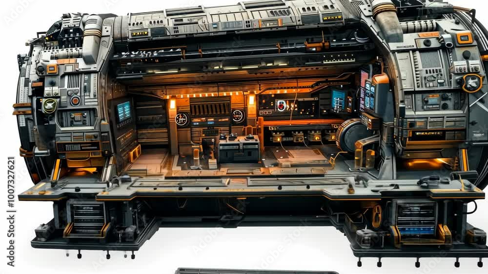 A futuristic spacecraft interior with an open hatch, revealing a control panel and a glimpse of ...