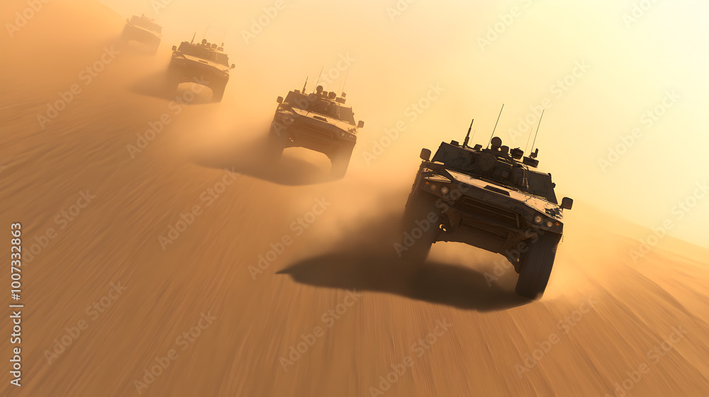 An armored military convoy, rolling through a desert landscape under a ...