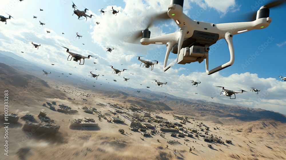 A futuristic drone swarm, flying over a high-tech military base, with ...