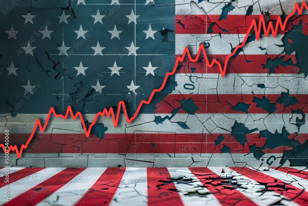 American flag overlaying declining stock market graph against dark ...