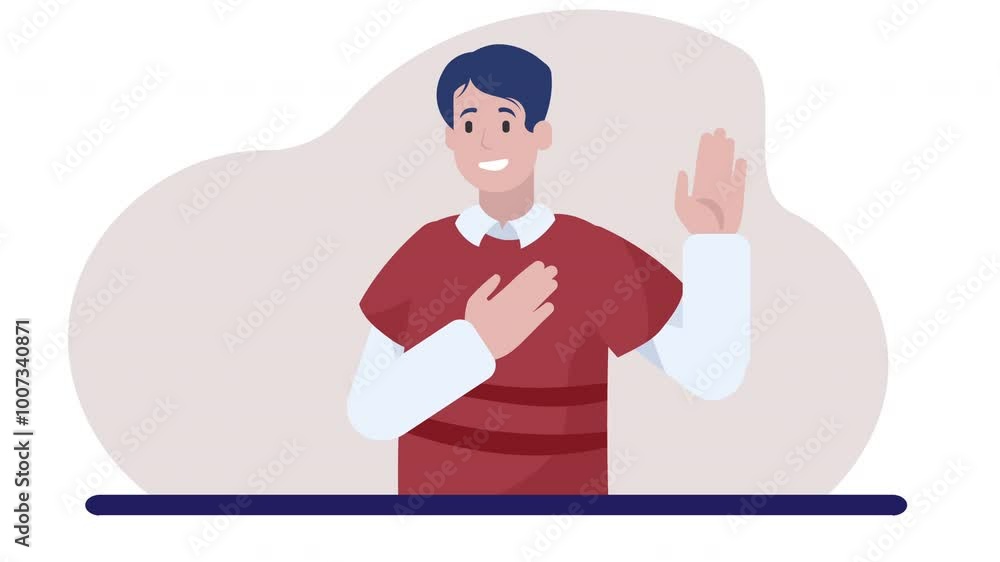 2D cartoon loop animation of a young man making an oath, placing one ...