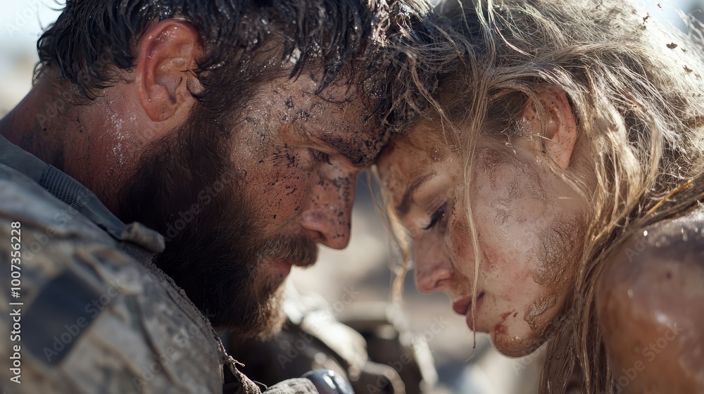 A soldier couple covered in mud lean their heads together in a battle ...