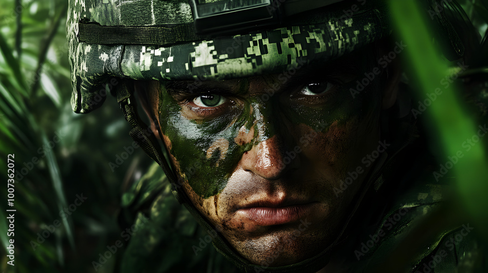 A Green Beret from the Vietnam War, dressed in special forces gear and camouflaged face paint ...