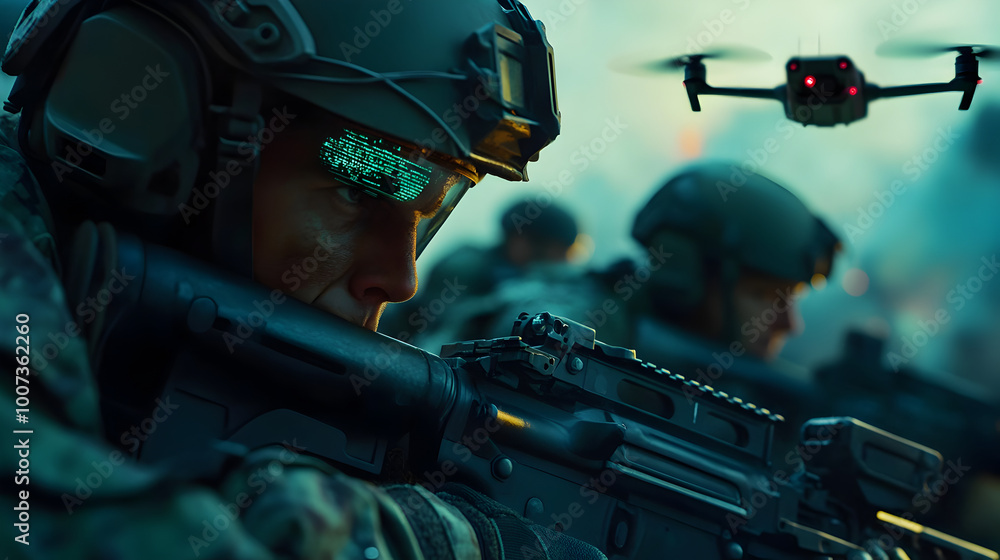 A group of elite soldiers in futuristic tactical armor, storming a high ...