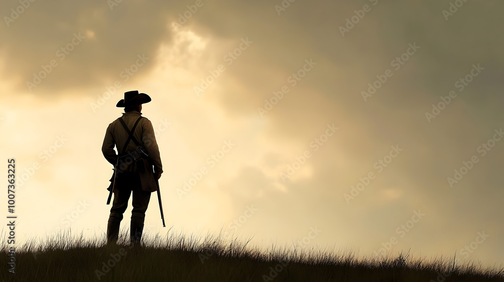 A Revolutionary War minuteman, dressed in civilian clothes with a ...