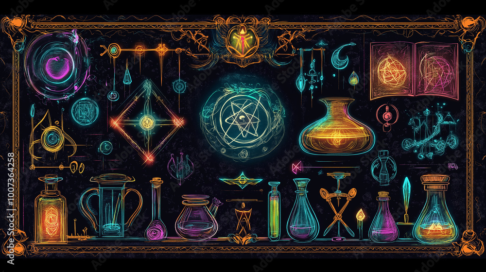 Magical laboratory with glowing potions and arcane symbols Stock ...