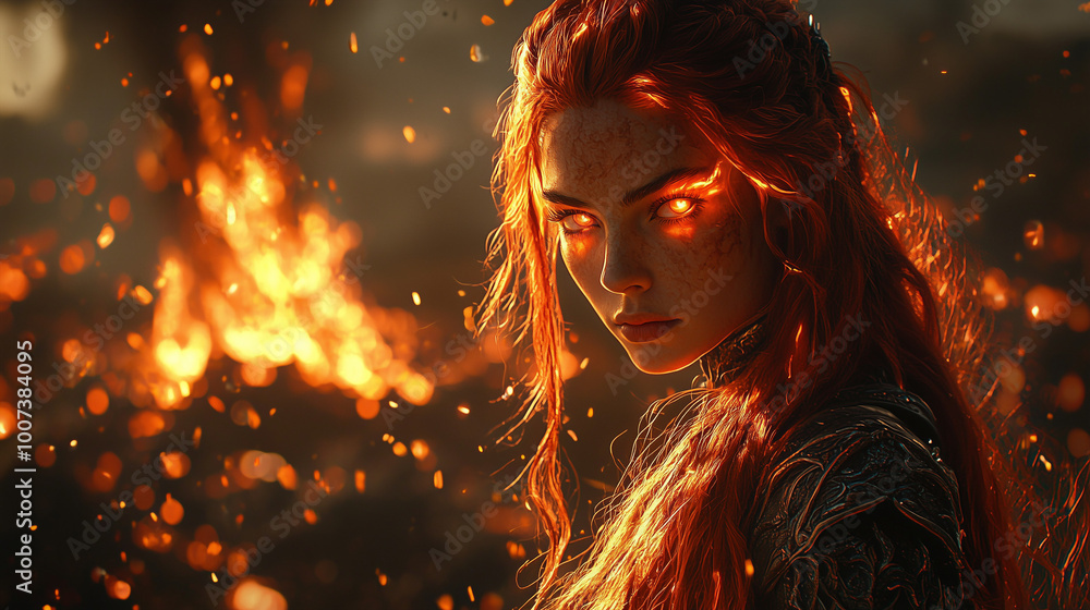 female fire genasi gazes intensely with glowing ember eyes amid ...