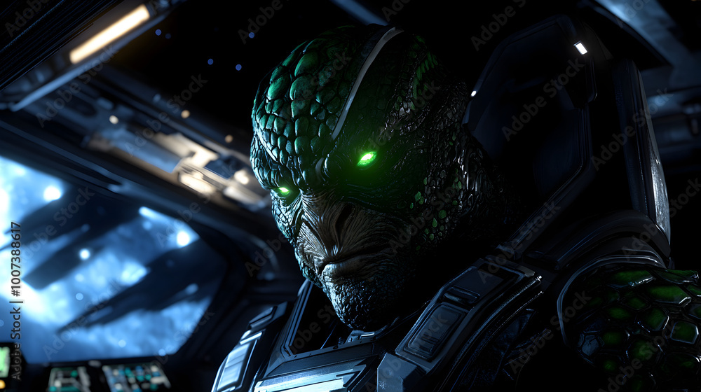 A bio-engineered alien fighter, with scales and glowing green eyes ...