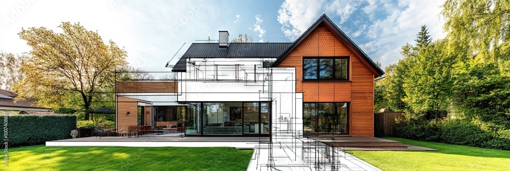 house overlay with architects freehand sketch of an extension Stock ...