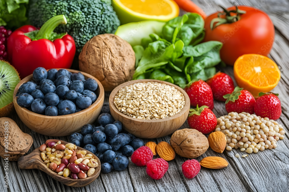 Colorful Array of Fresh Fruits, Vegetables, and Whole Grains Emphasizing Nutrient-Rich, Balanced ...