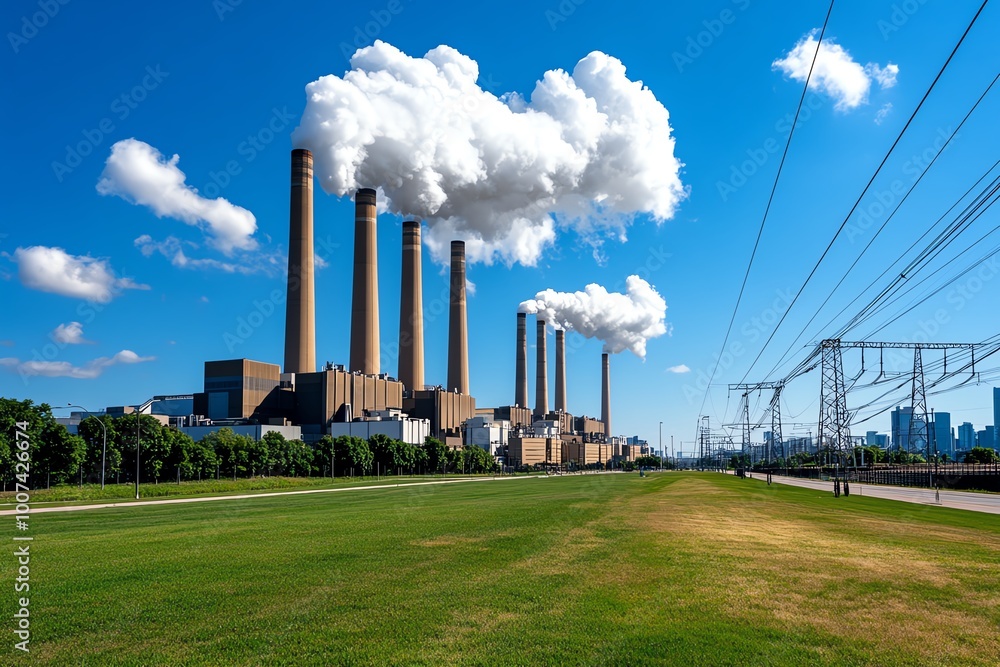 A massive urban power plant near the edge of the city, with tall ...