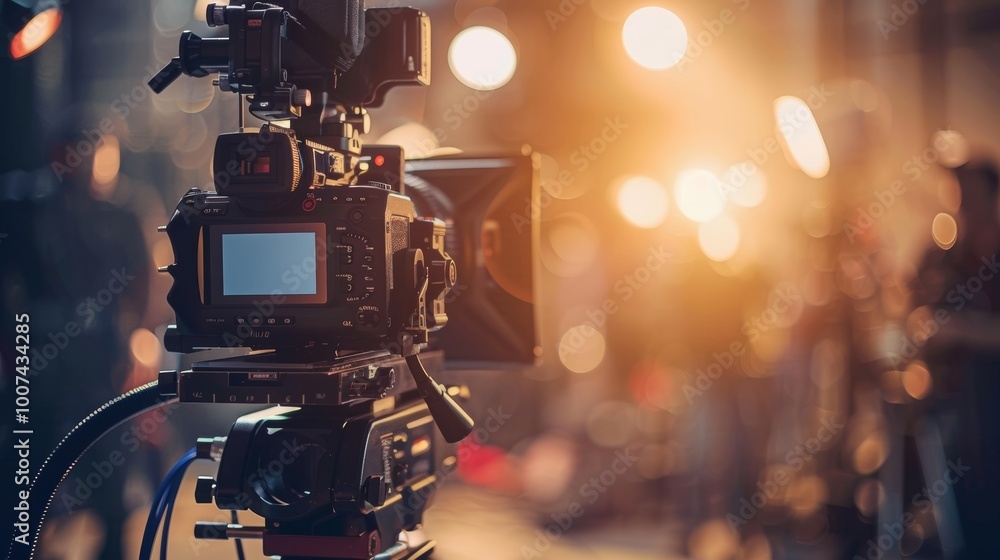 Filming an interview in a television studio with blurred background ...