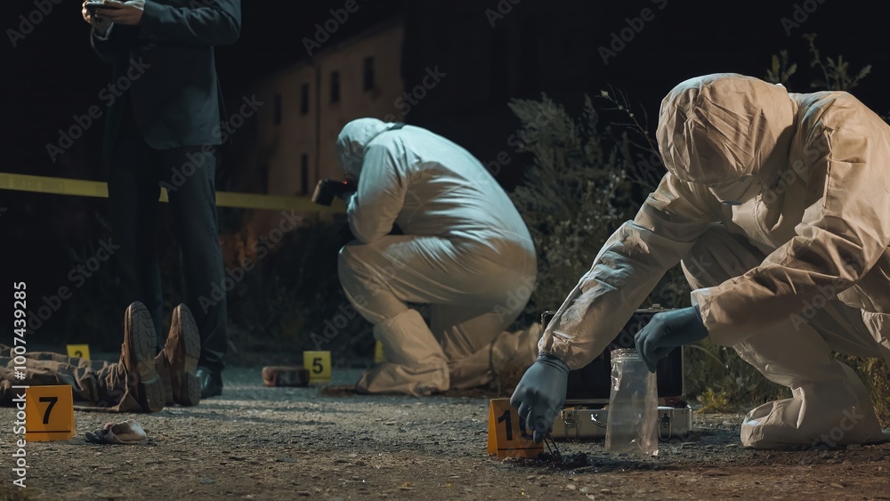 Detective and forensic scientists working hard at crime scene near ...