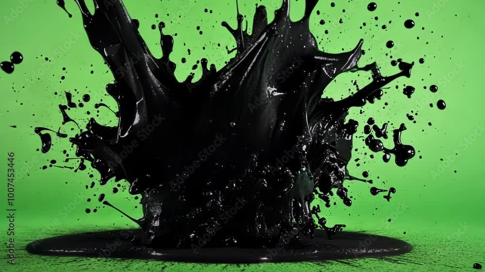 Viscous black liquid is exploding on a green screen background. This ...